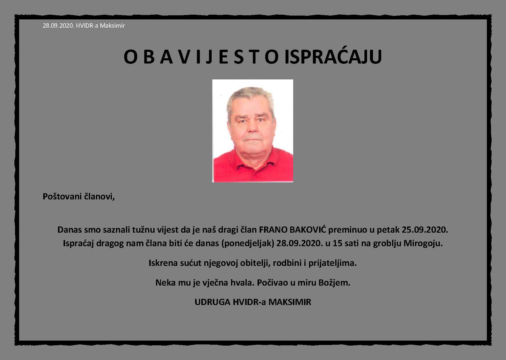 OBAVIJEST O SMRTI: Franjo Baković – Hvidra Maksimir