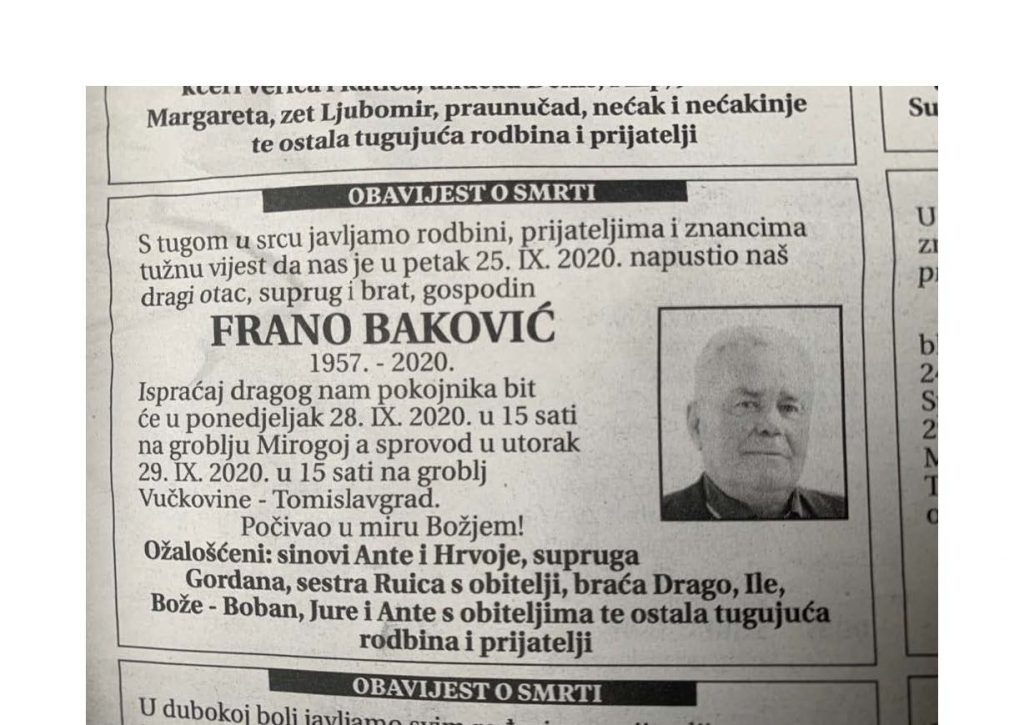OBAVIJEST O SMRTI: Franjo Baković – Hvidra Maksimir
